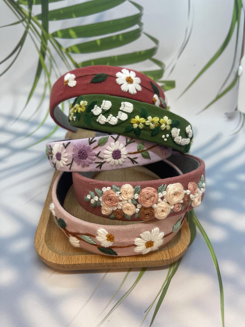 Floral Embroidered Headband, Floral Hand Embroidered Linen Headband ...