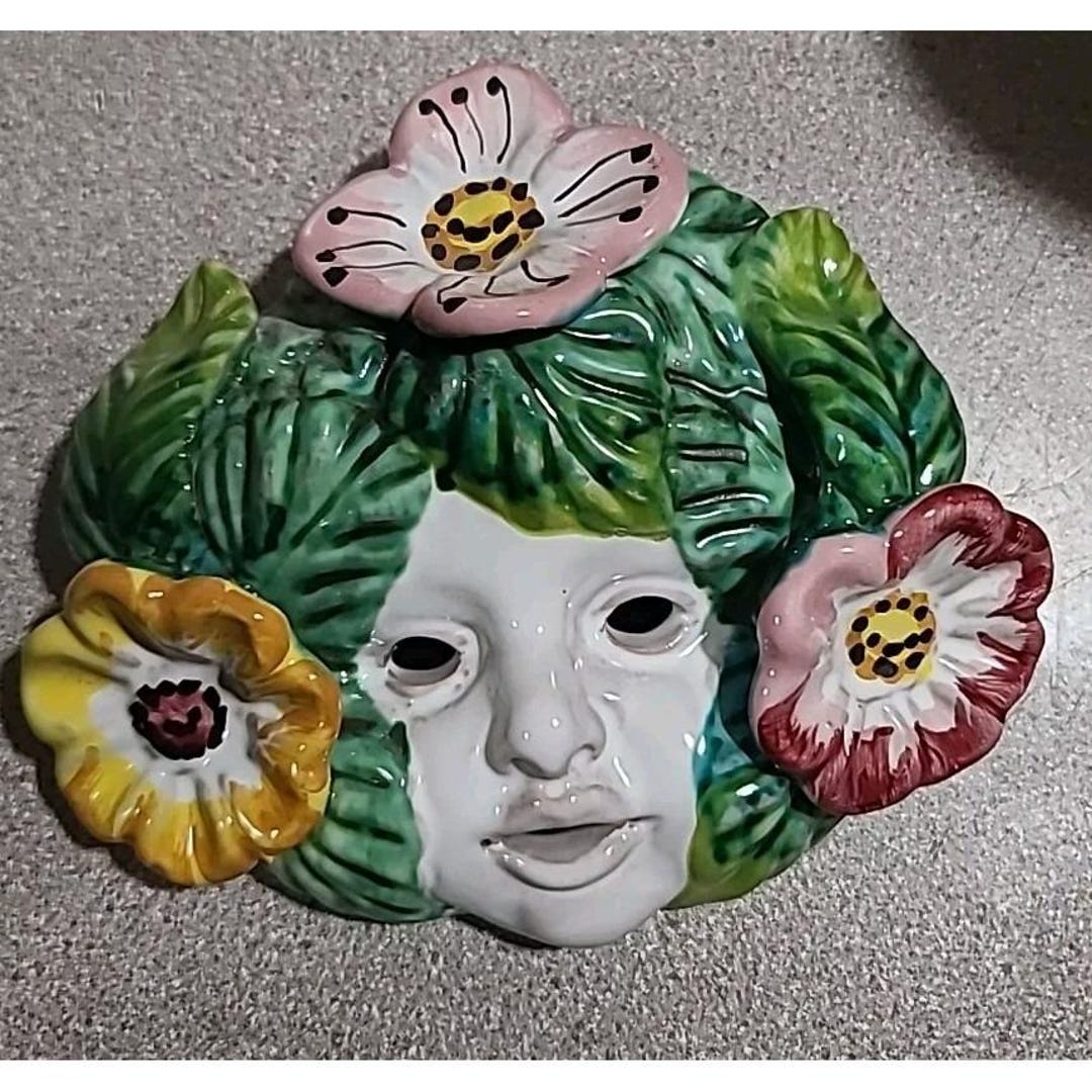 Italian Pottery Majolica Wall Mask Face Pink Yellow Flowers Spring ...