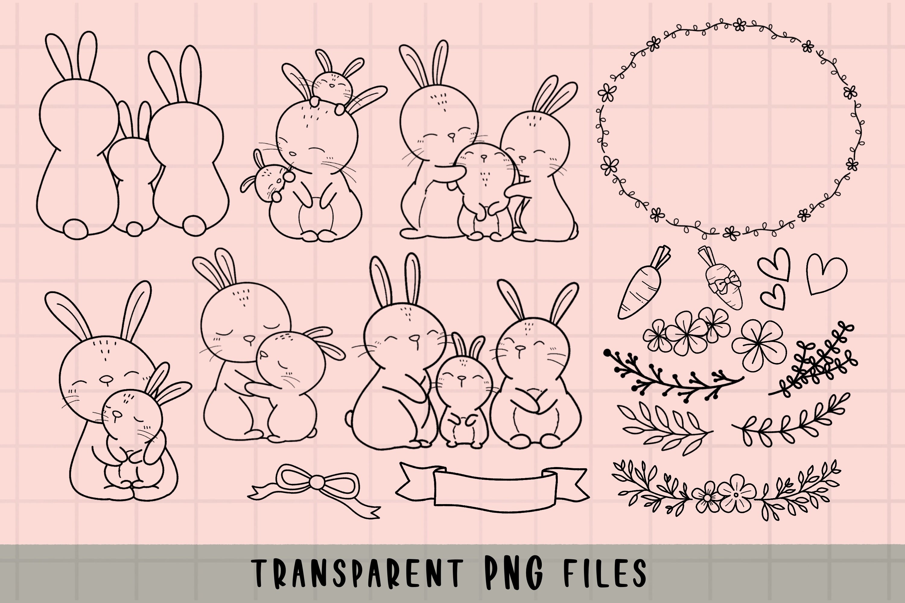 Family of Rabbit Clipart, Cute Bunny, Dad Mom, Woodland Animal, Outline ...