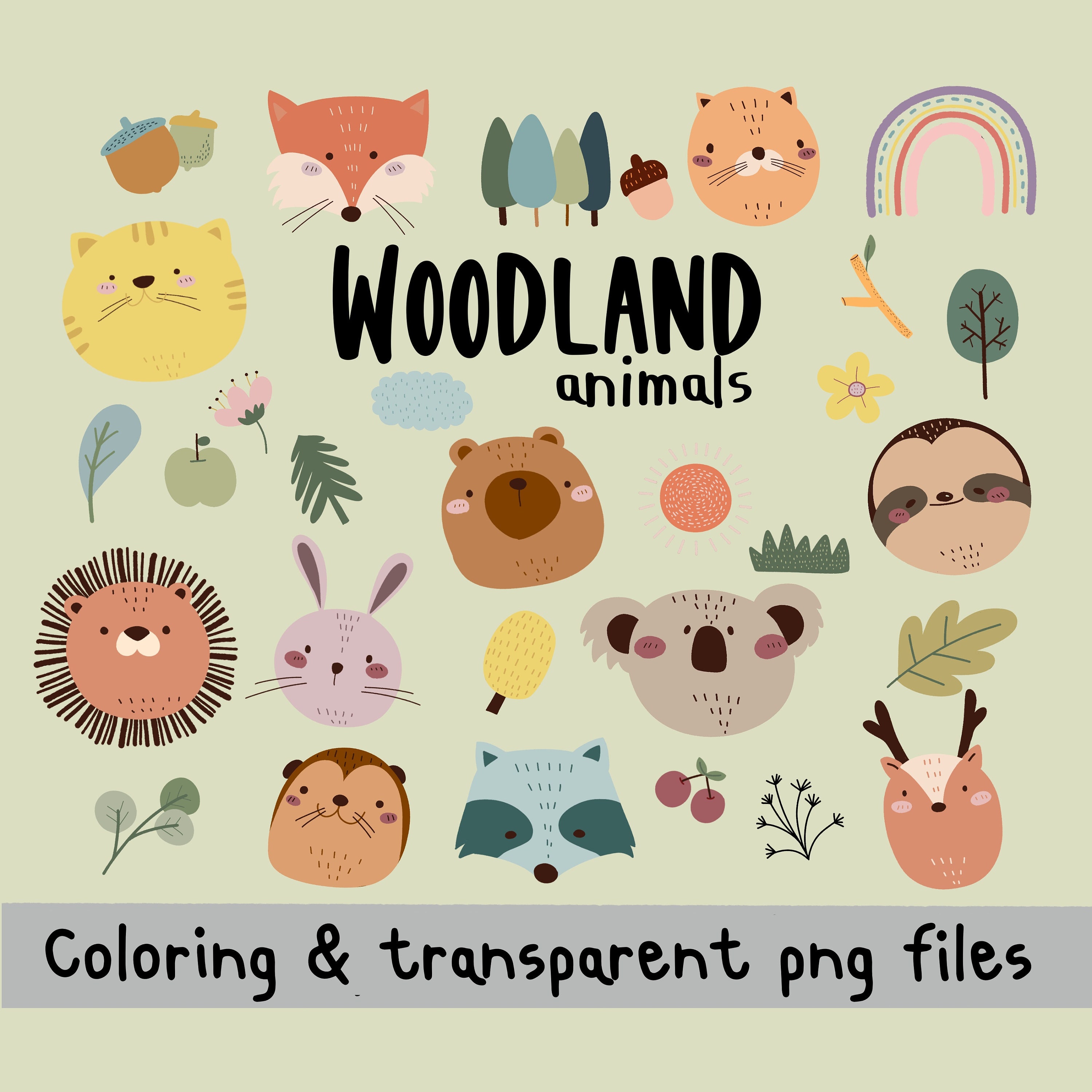 Colorful Woodland Animal Face Clipart, Forest Animal, Wild Cute Animal ...