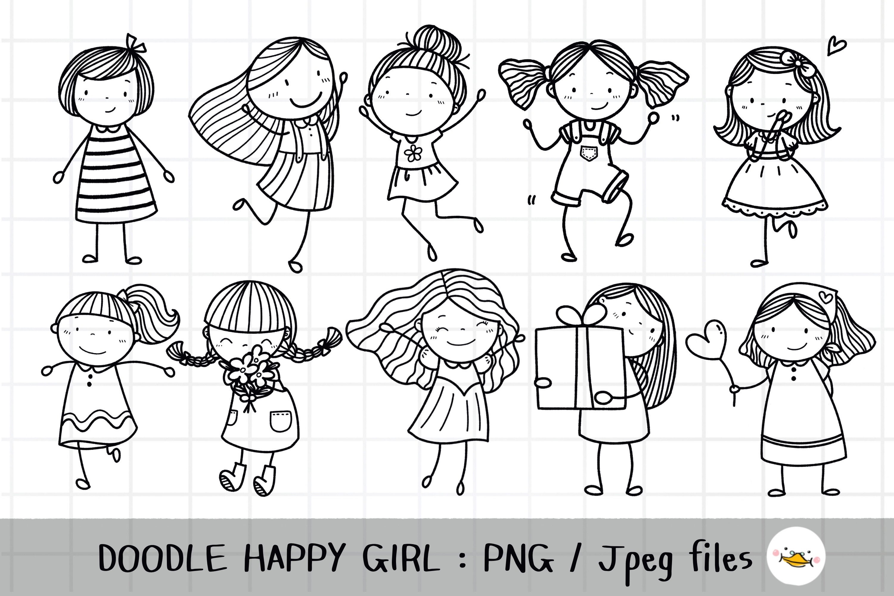 Happy Girl Clipart, Doodle Girl, Cute Girl, Friend Clipart, Outline ...