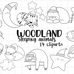 Woodland Sleeping Animal Clipart,sweet Dreams Clipart,outline Doodle ...