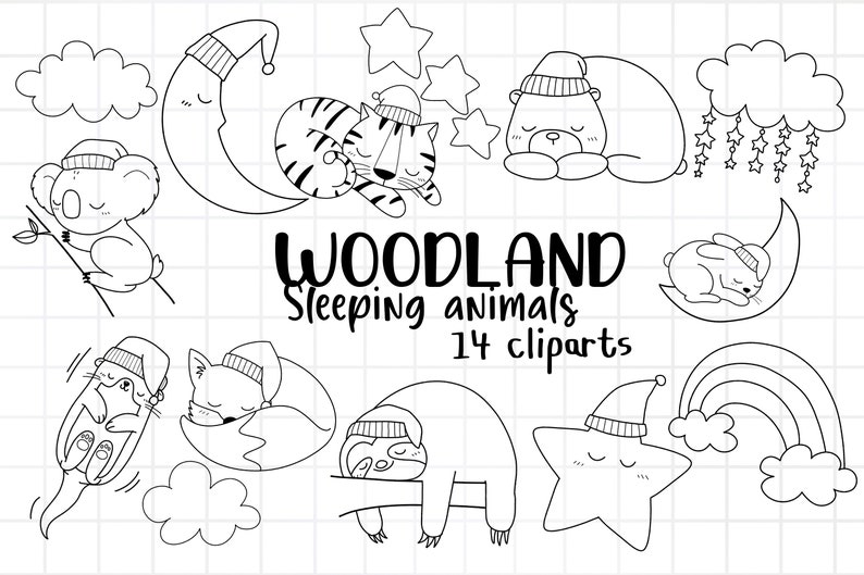 Woodland Sleeping Animal Clipart,sweet Dreams Clipart,outline Doodle ...