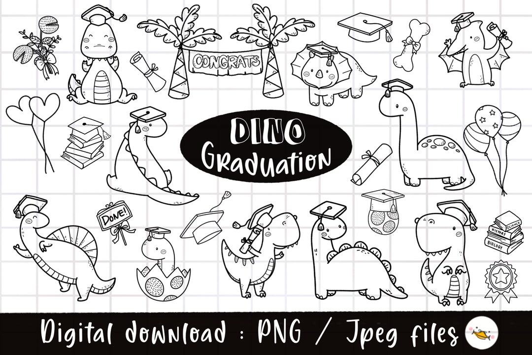 Graduate Dinosaur Clipart, Graduation Clipart, Outline Doodle, PNG ...