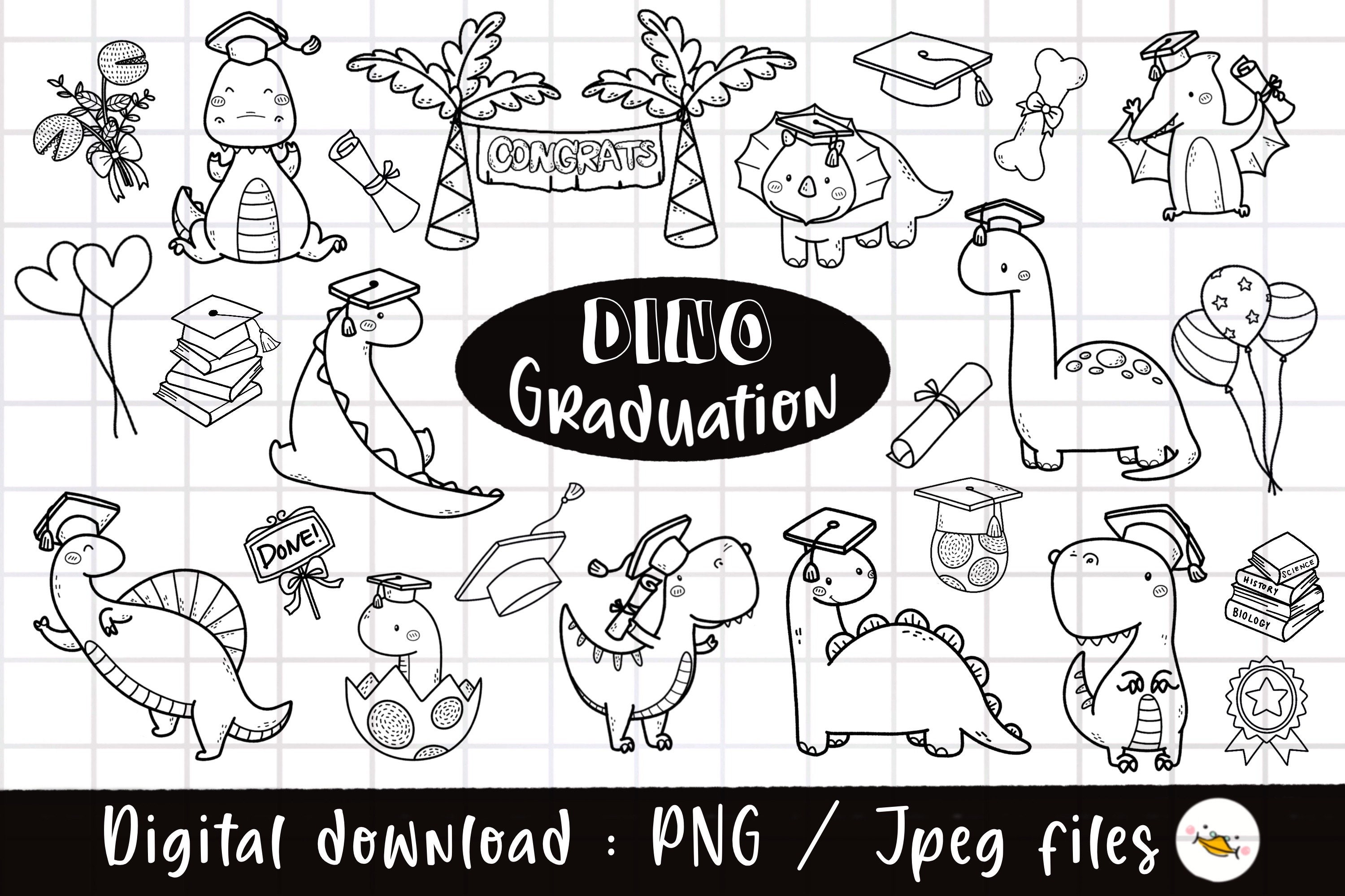 Graduate Dinosaur Clipart, Graduation Clipart, Outline Doodle, PNG ...
