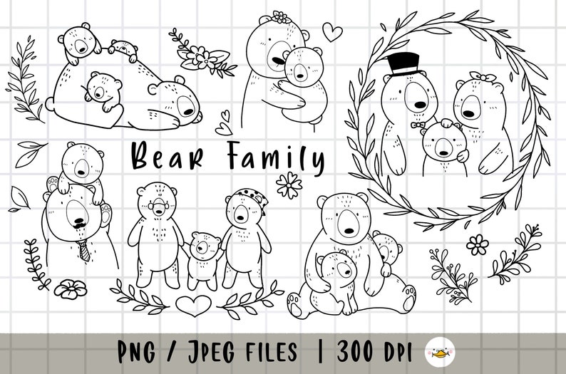 Family of Bears Clipart, Cute Bear, Dad & Mom, Woodland Animal, Outline ...