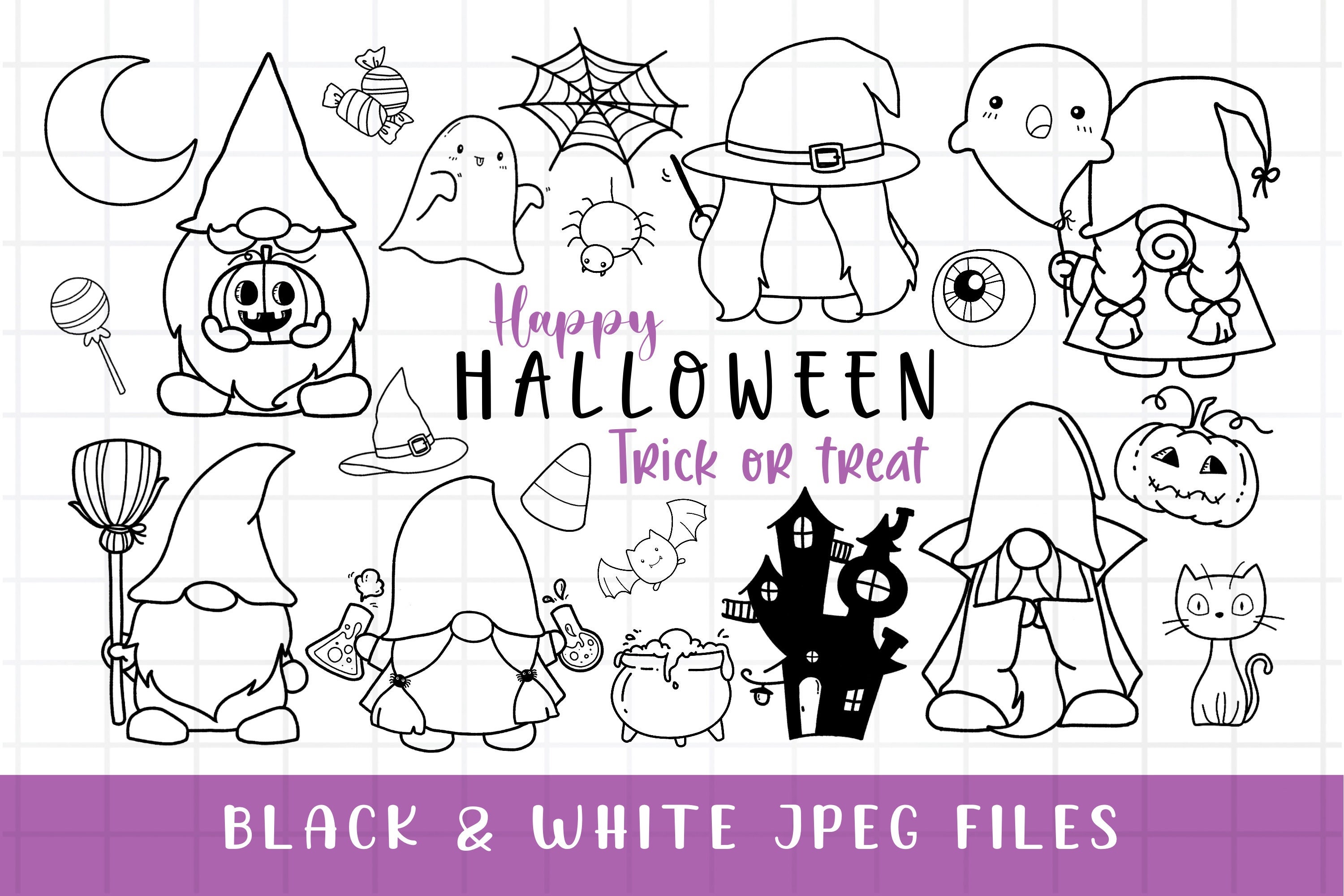 Halloween Gnome Clipart, Trick or Treat Png, Gnome Witch Png, Outline ...