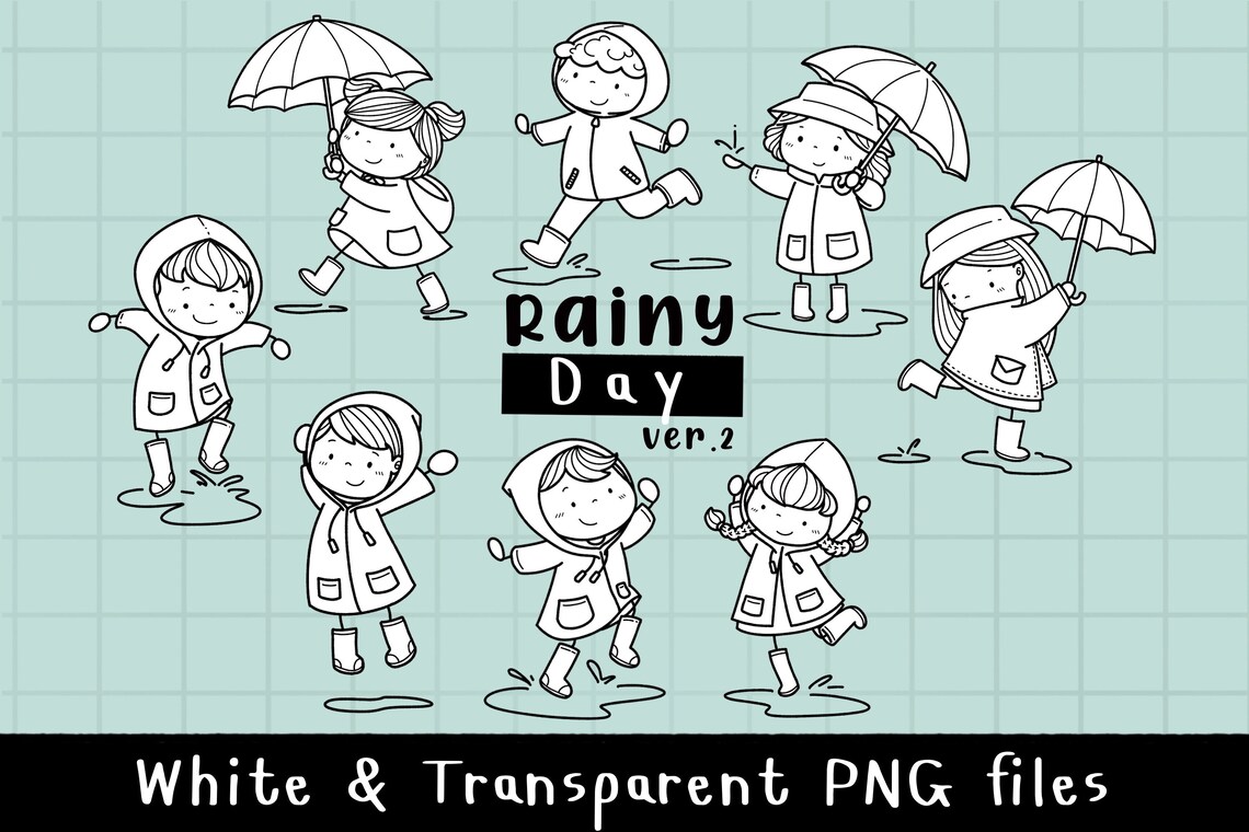Cute Kids on Rainy Day Clipart, Kid in Raincoat PNG, Doodle Kid ...