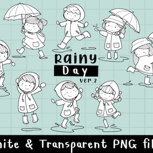 Cute Kids on Rainy Day Clipart, Kid in Raincoat PNG, Doodle Kid ...