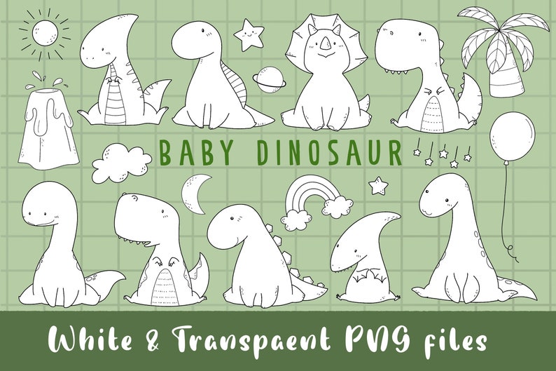 Baby Dinosaur Clipart, Dinosaur Nursery Art, Outline Doodle, PNG ...