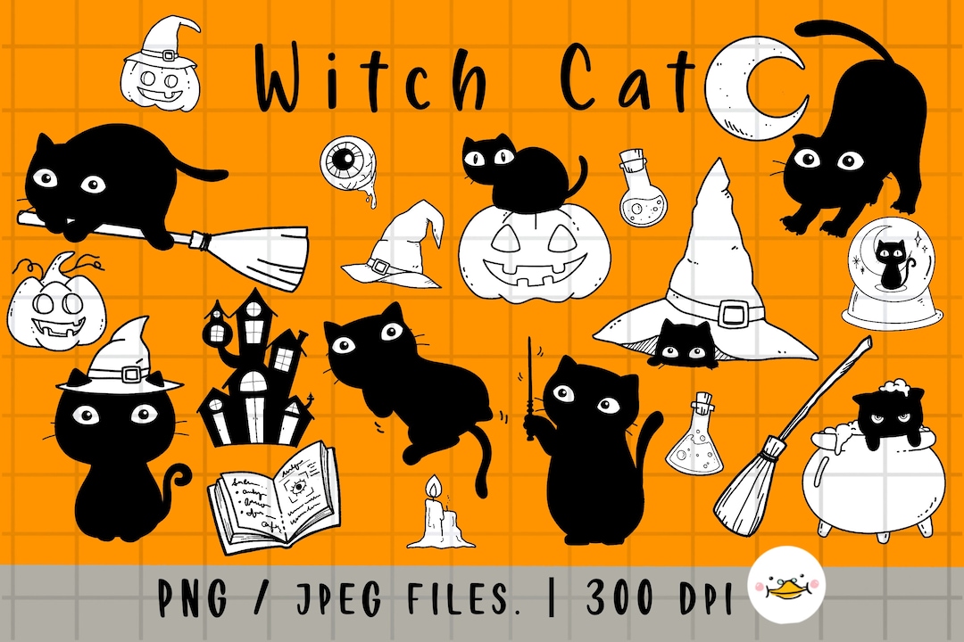Witch Cat Clipart, Halloween Clipart, Pumpkin Png, Horror Kitty ...