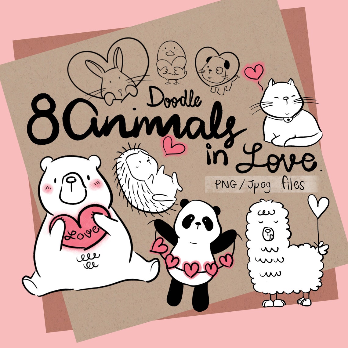 Animal in Love Hand Draw Clipart / Cute Animal Bear Rabbit Cat - Etsy
