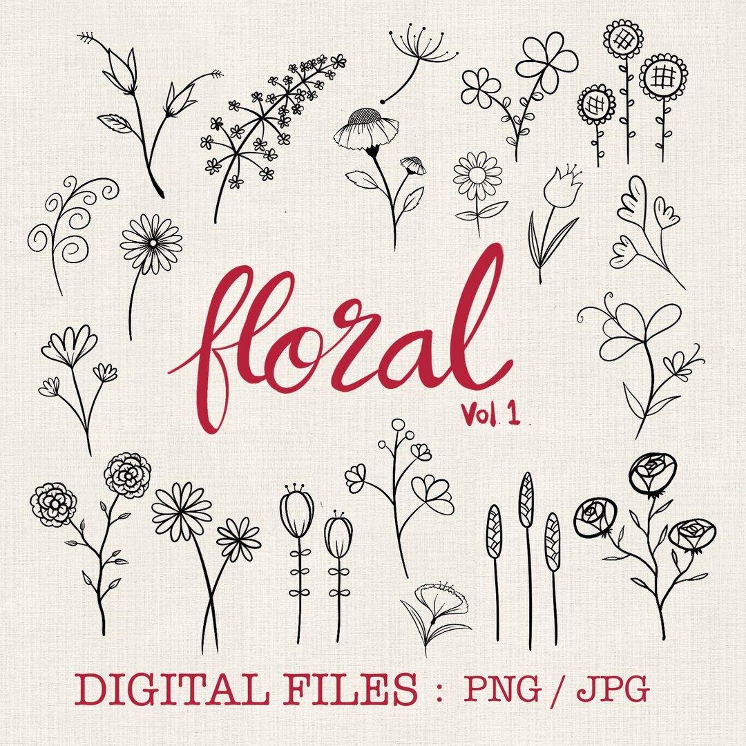 Floral Hand Draw Clipart - Black and White Flower / Floral Line Art ...