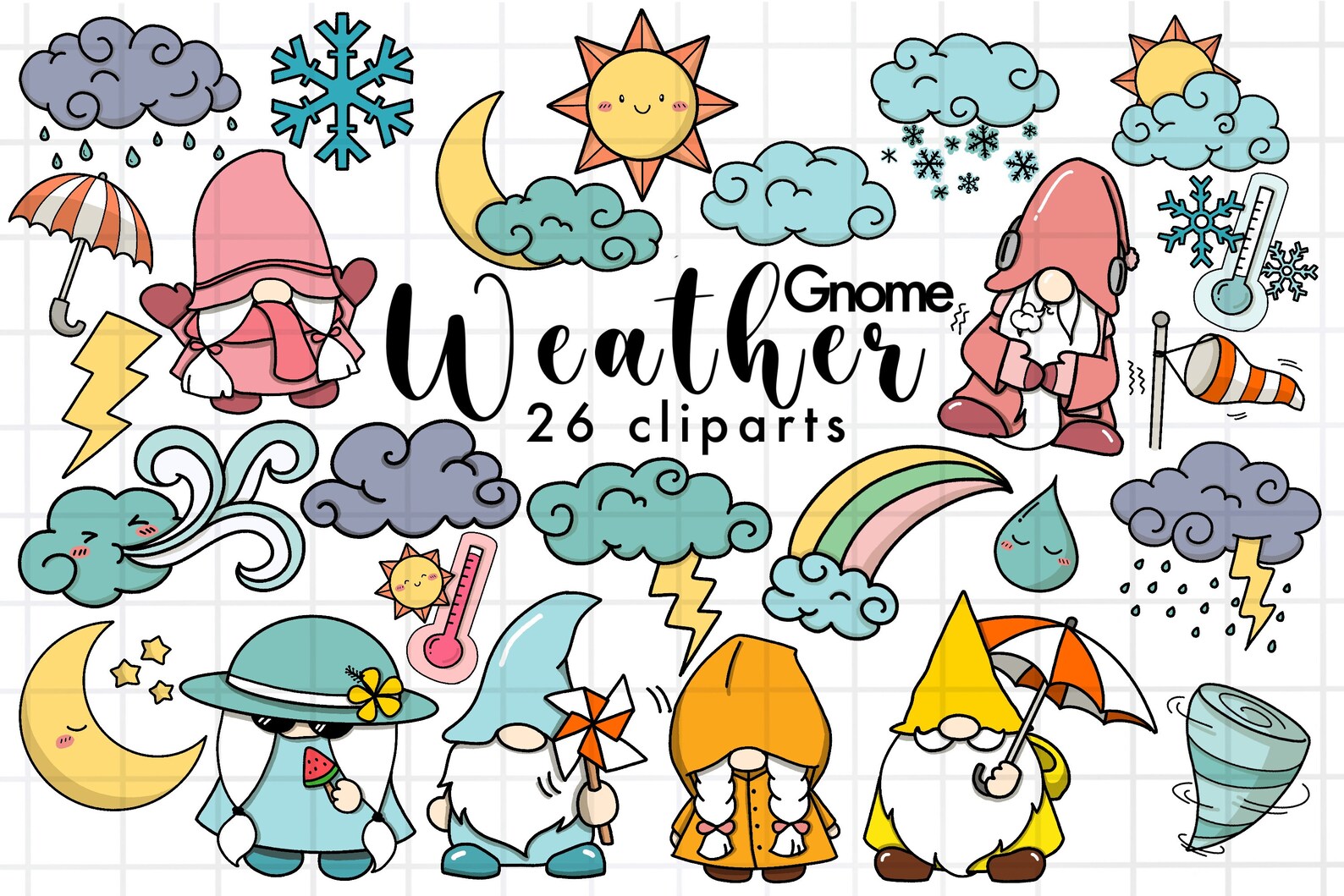Cute Gnome Weather Clipart, Cloud Sun and Moon Clipart, Sunny, Cloudy ...