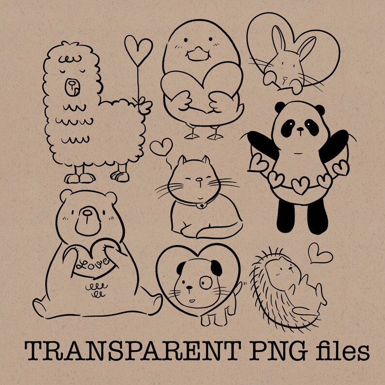 Animal in Love Hand Draw Clipart / Cute Animal Bear Rabbit Cat Duck ...