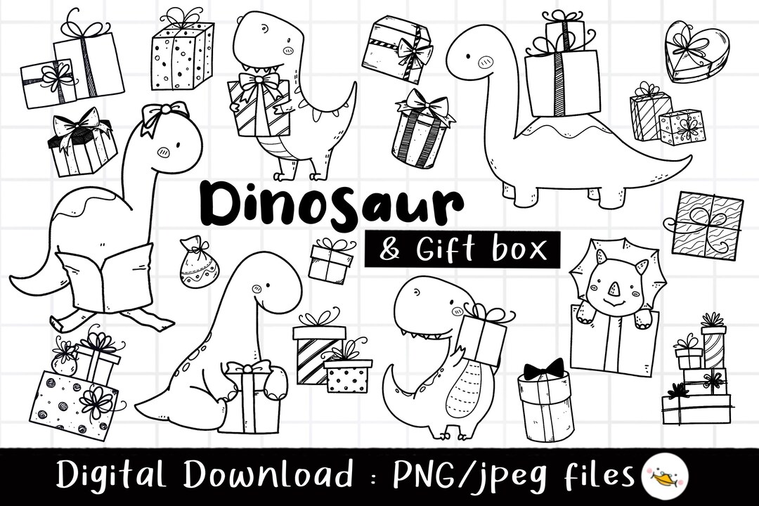 Dinosaur and Gift Box Clipart, Christmas Gift, Birthday Present, Hand ...