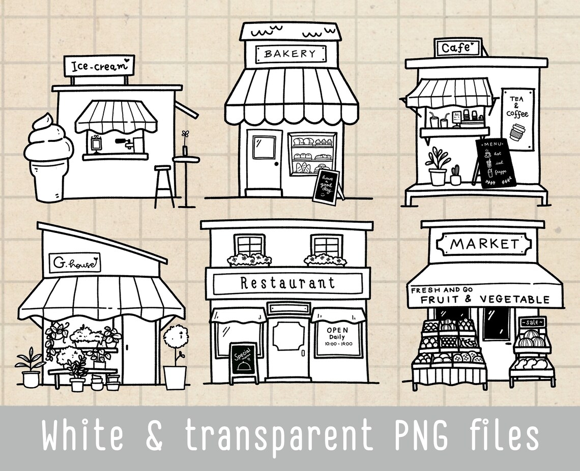 Cute Doodle Shop Clipart, Hand Drawn Vintage Shop, Bakery Shop, Cafe ...