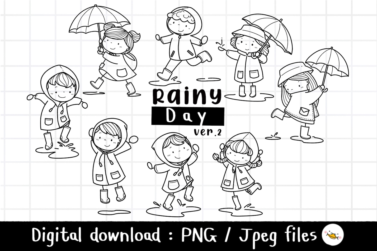 Cute Kids on Rainy Day Clipart, Kid in Raincoat PNG, Doodle Kid ...