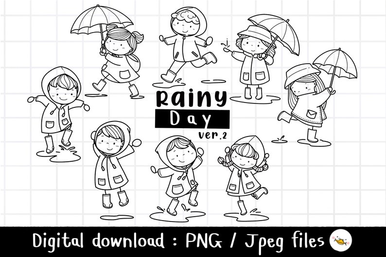 Cute Kids on Rainy Day Clipart, Kid in Raincoat PNG, Doodle Kid ...