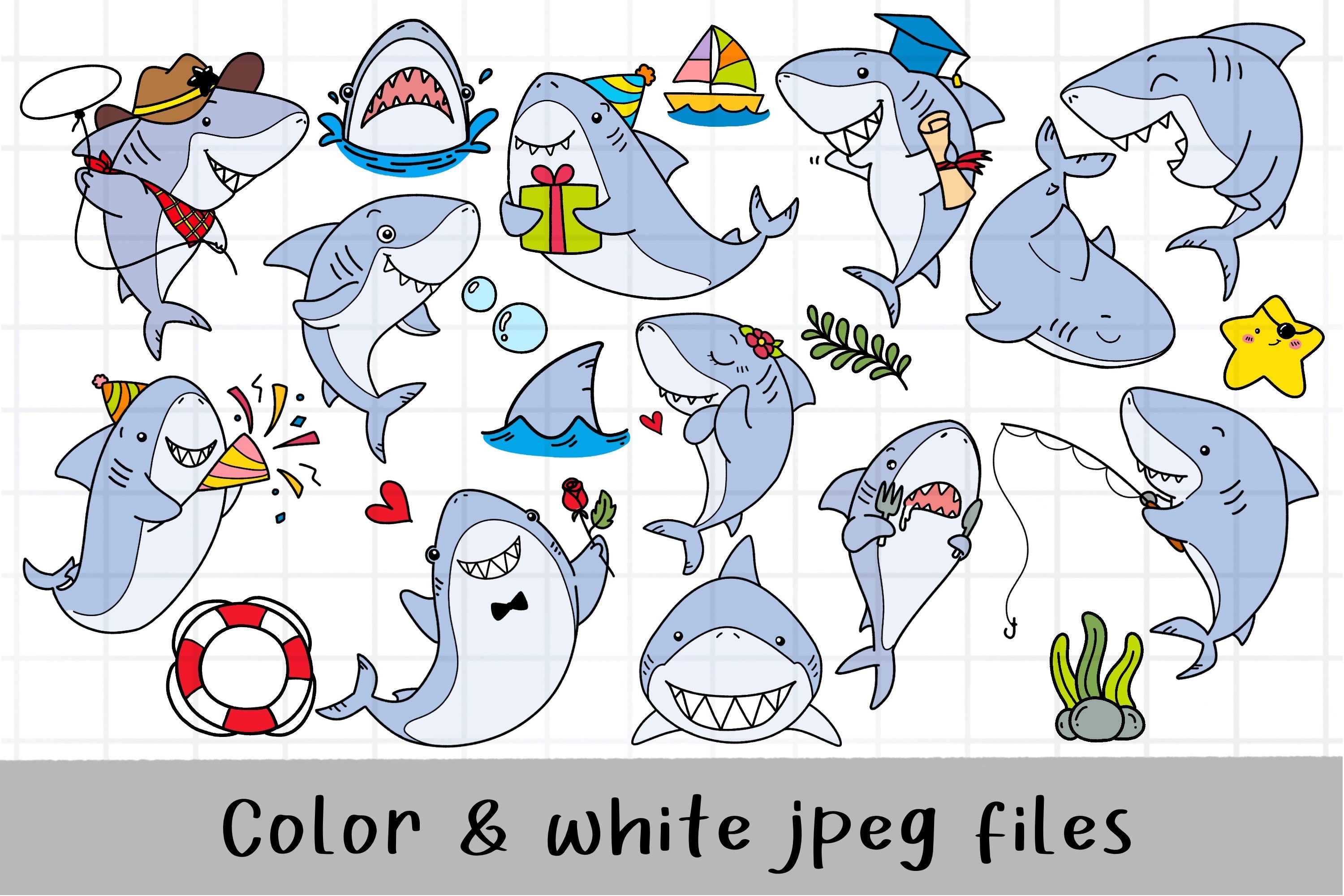 Cute Shark Clipart, Jaw Clipart, Doodle Shark, Sea Animal Life, Outline ...