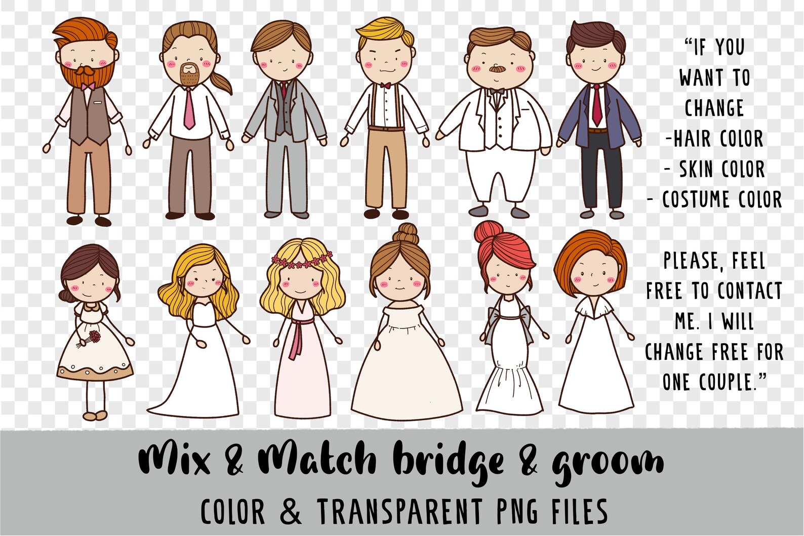 Wedding Doodle Clipart, Wedding Stick Figure Clipart, Mix and Match ...