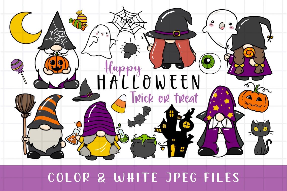 Halloween Gnome Clipart, Trick or Treat Png, Gnome Witch Png, Outline ...