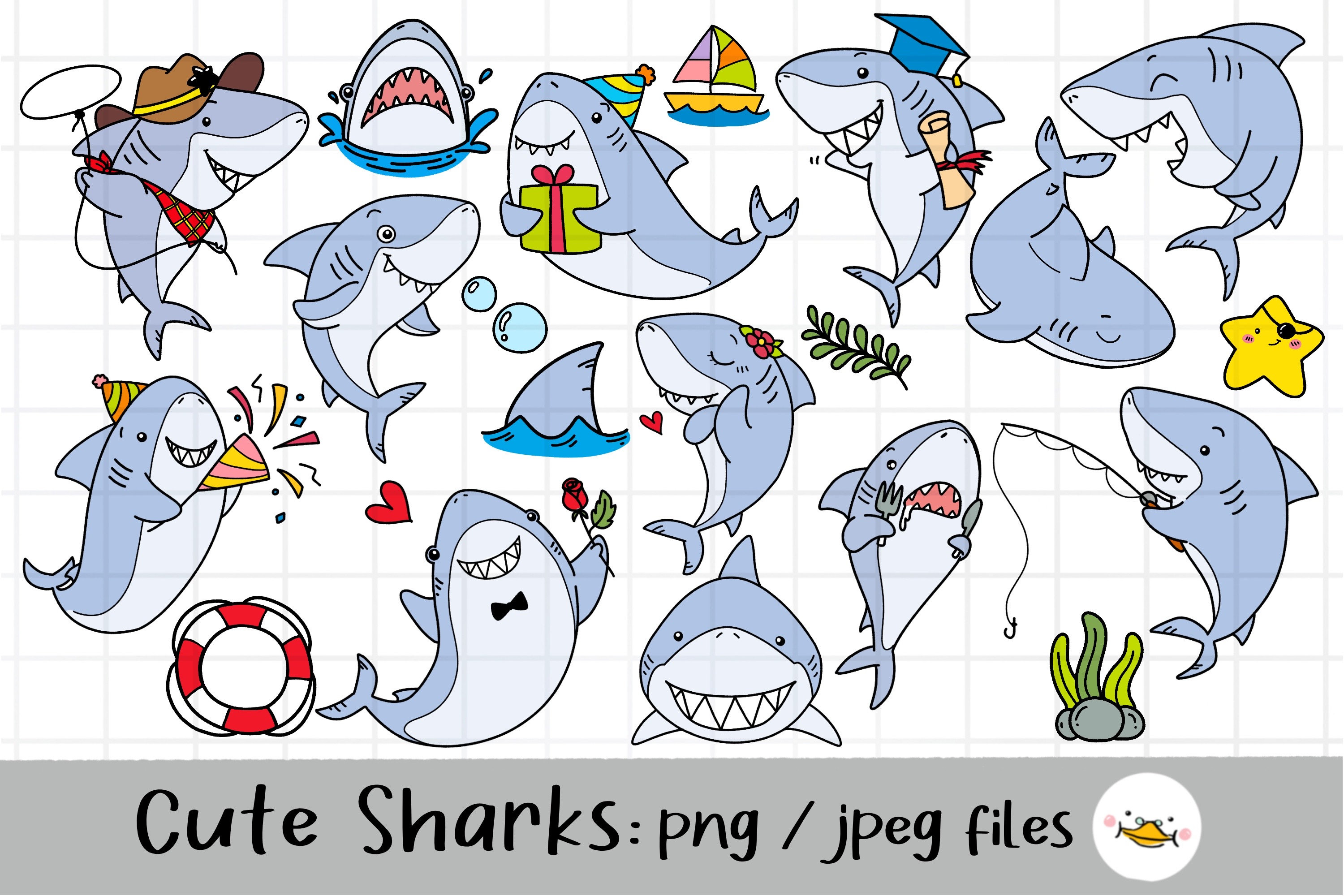 Cute Shark Clipart, Jaw Clipart, Doodle Shark, Sea Animal Life, Outline ...