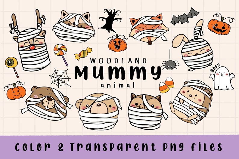 Woodland Mummy Animal Face Clipart, Cute Halloween Clipart, Ghost ...