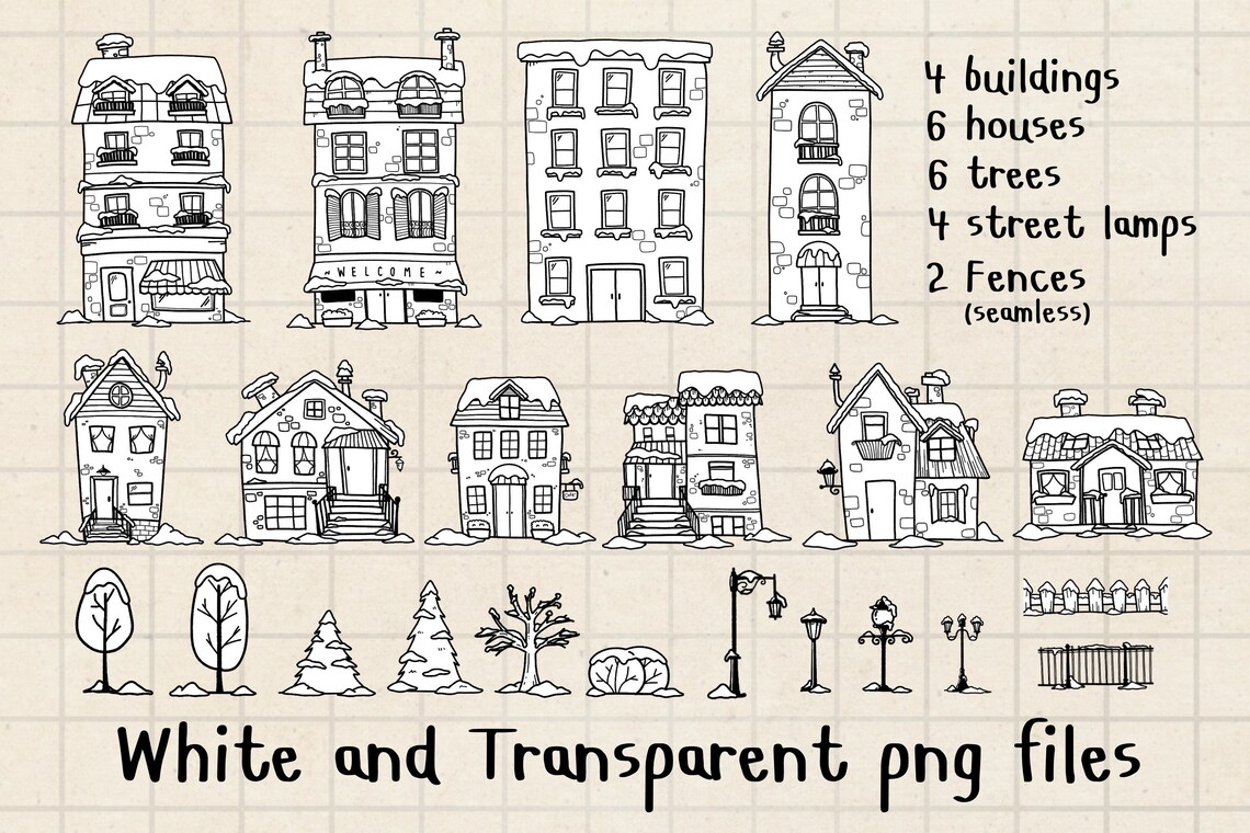 Cute Winter Doodle House Clipart Snowy Village Hand Drawn - Etsy