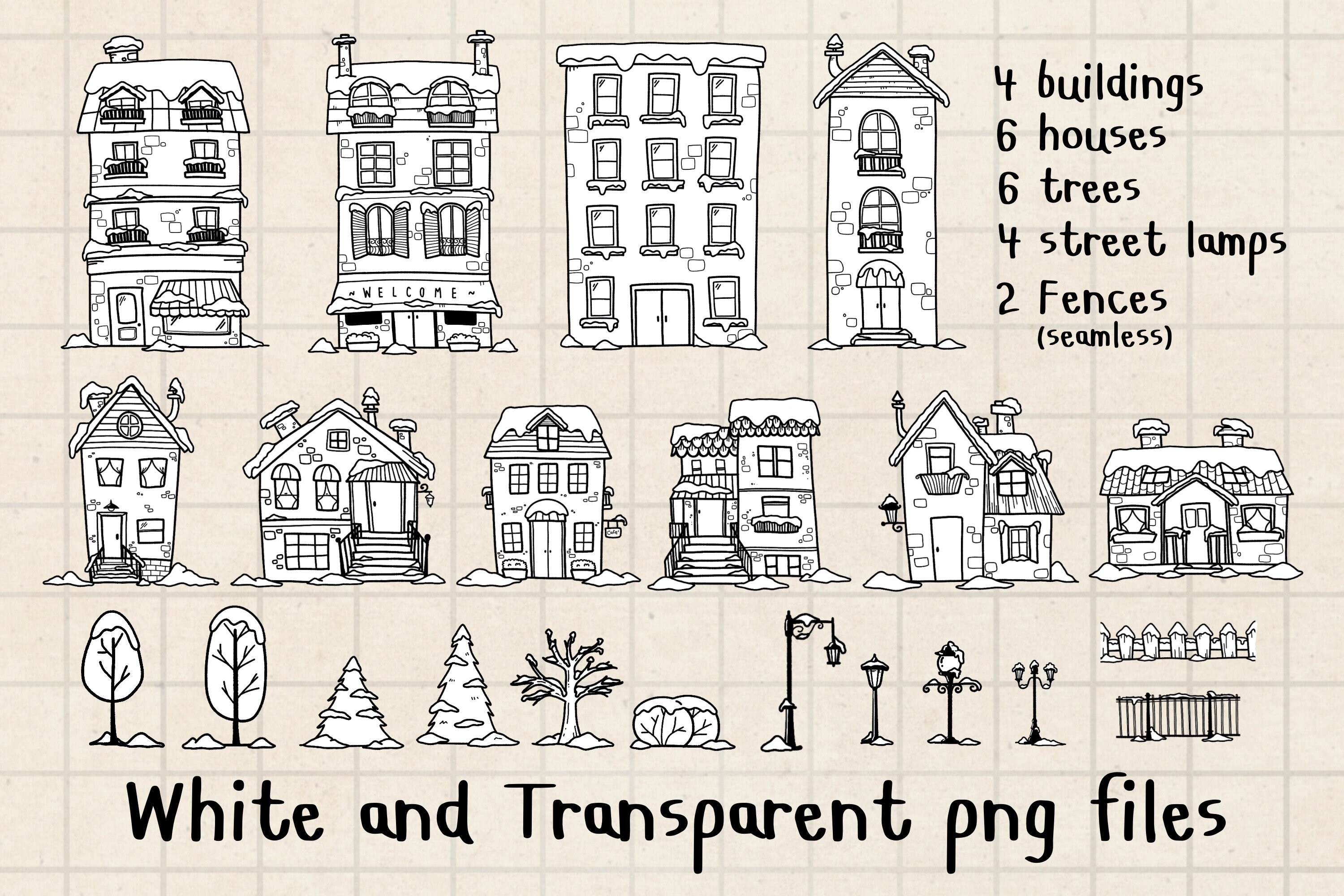 Cute Winter Doodle House Clipart, Snowy Village, Hand Drawn House ...