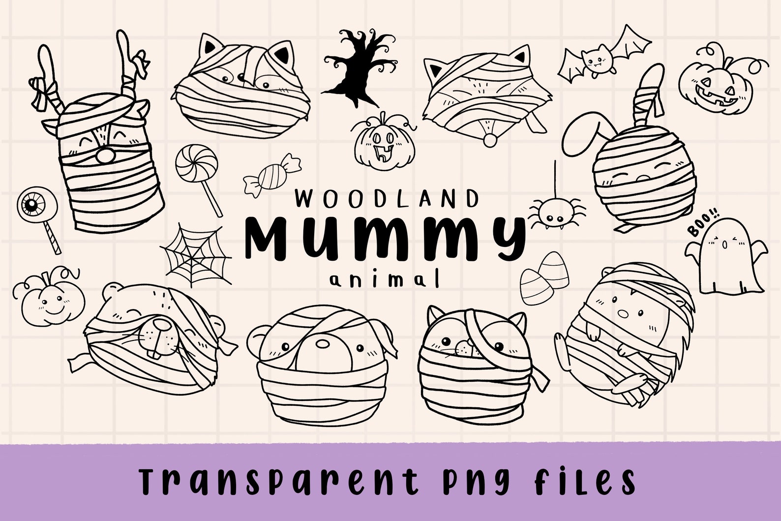 Woodland Mummy Animal Face Clipart, Cute Halloween Clipart, Ghost ...