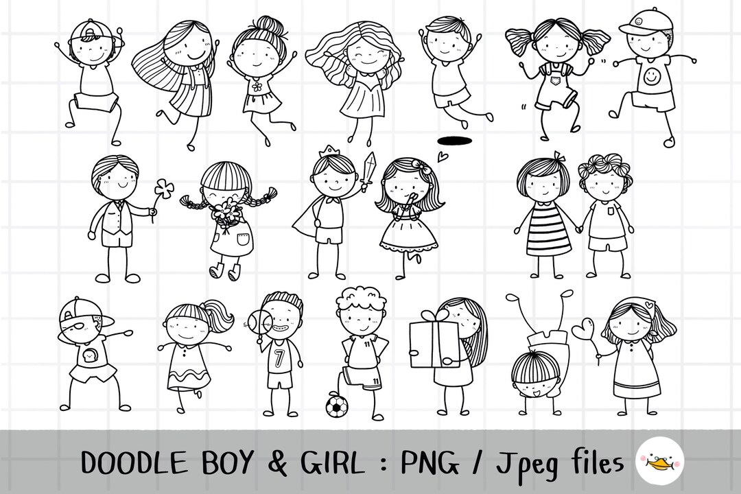 Doodle Boy and Girl Clipart,stick Figure Clipart,friend Clipart,outline ...
