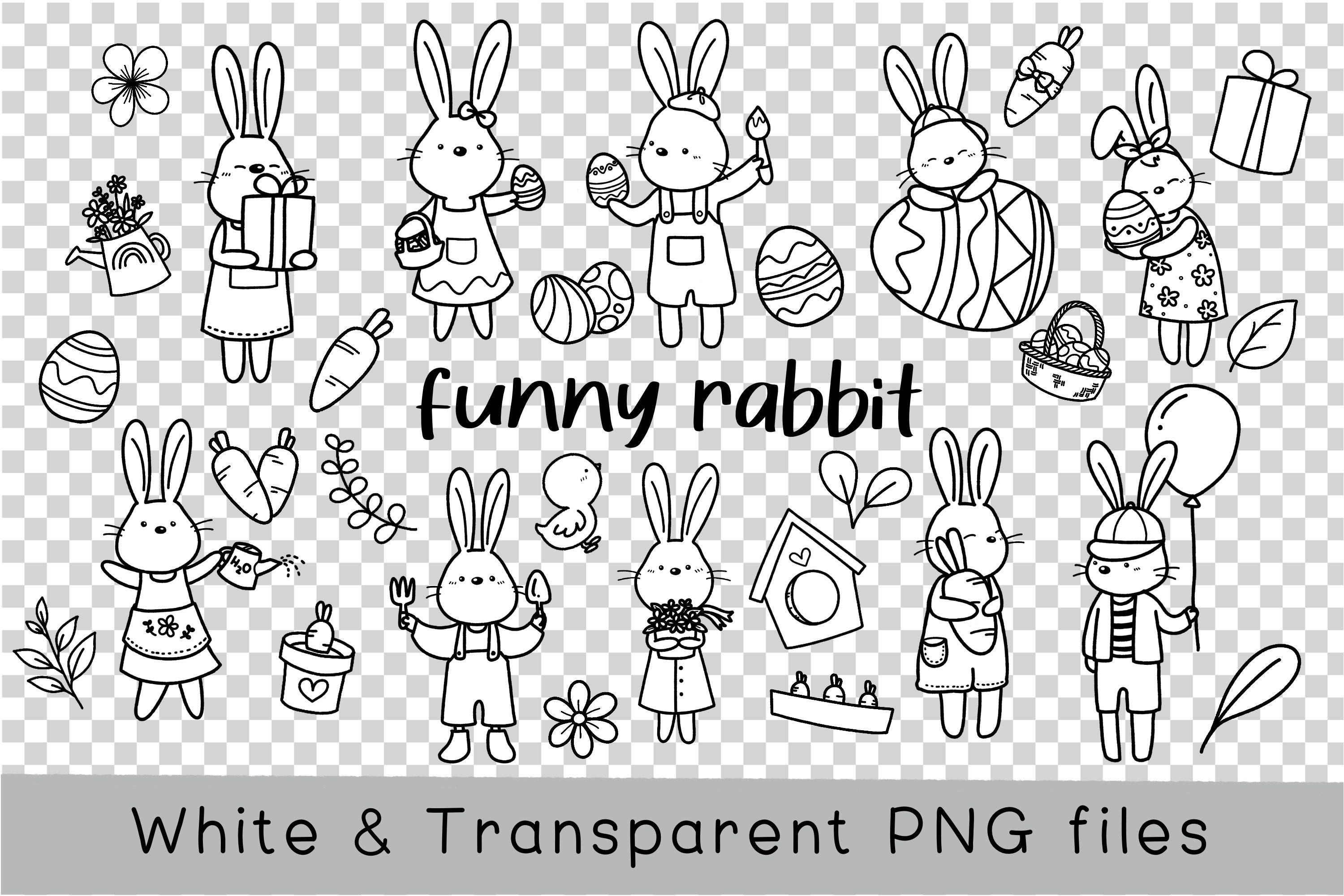Funny Rabbit Clipart, Easter Rabbit Clipart, Spring Clipart, Outline ...