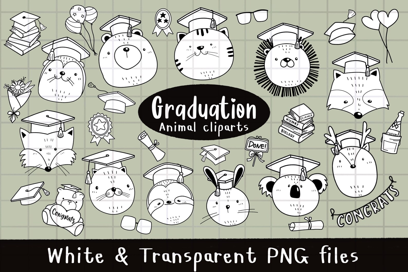 Graduate Woodland Animals Clipart, Graduation Clipart, Animals Head ...