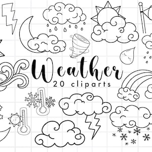 Cute Weather Clipart, Cloud Sun and Moon Clipart, Sunny, Cloudy, Rainy ...