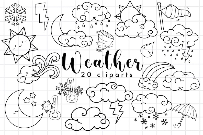 Cute Weather Clipart, Cloud Sun and Moon Clipart, Sunny, Cloudy, Rainy ...