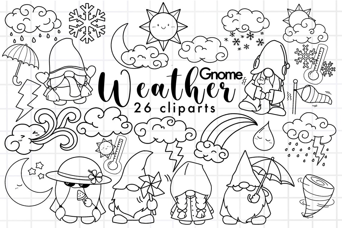 Cute Gnome Weather Clipart, Cloud Sun and Moon Clipart, Sunny, Cloudy ...