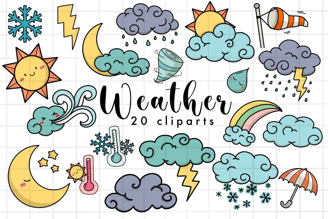 Cute Weather Clipart, Cloud Sun and Moon Clipart, Sunny, Cloudy, Rainy ...