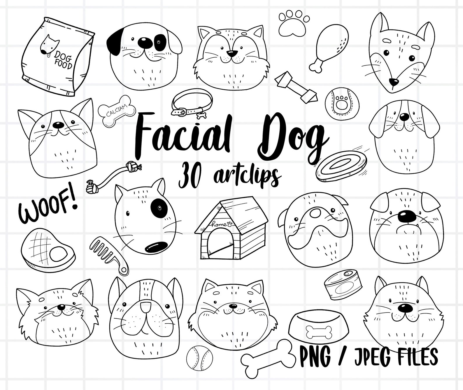 Facial Dog Clipart, Cute Animal, Cute Pet, Outline Doodle, Black and ...