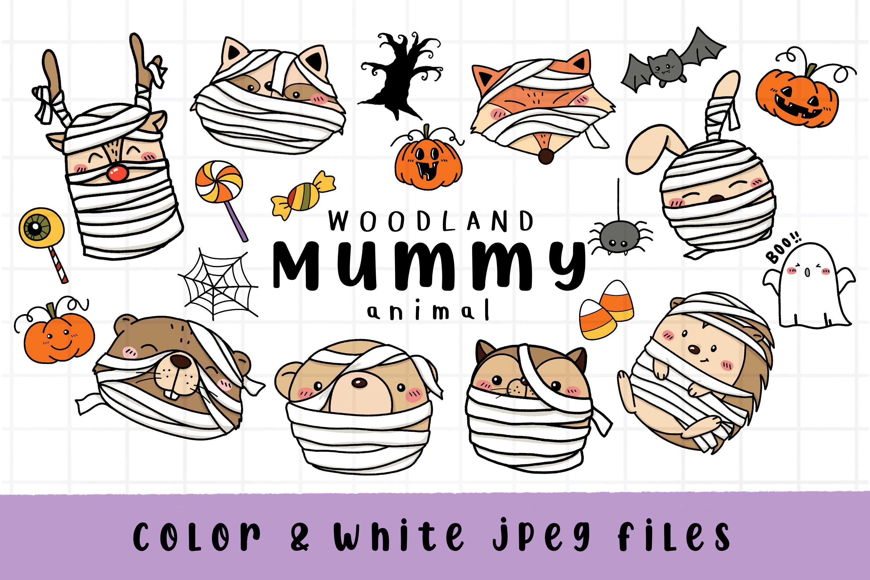 Woodland Mummy Animal Face Clipart, Cute Halloween Clipart, Ghost ...