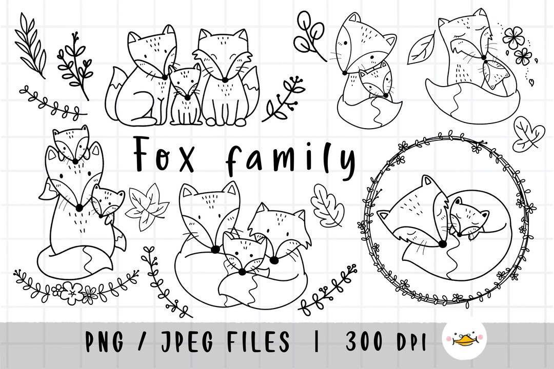 Family of Fox Clipart, Cute Fox, Dad & Mom, Woodland Animal, Outline ...