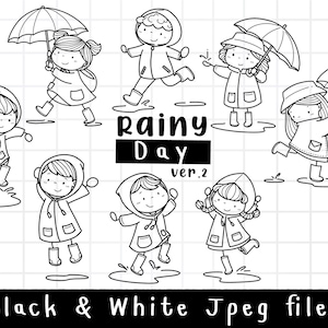 Cute Kids on Rainy Day Clipart, Kid in Raincoat PNG, Doodle Kid ...