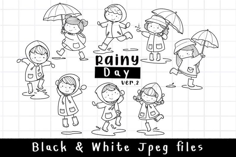 Cute Kids on Rainy Day Clipart, Kid in Raincoat PNG, Doodle Kid ...