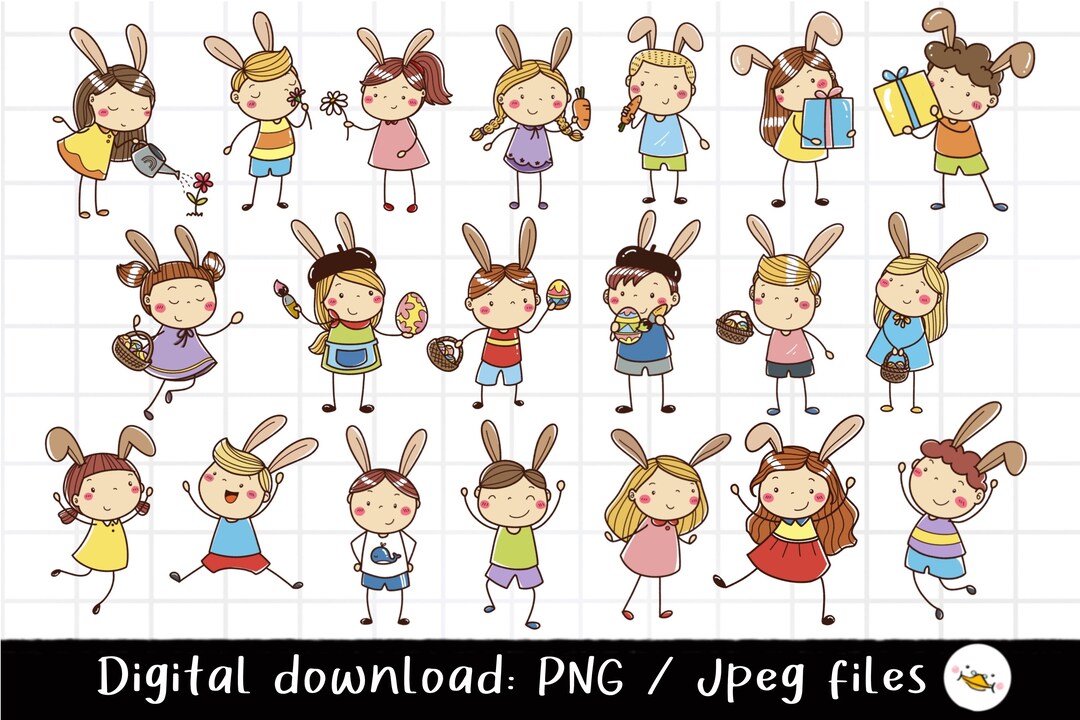 Doodle Rabiit Boys and Girls Clipart,stick Figure Clipart, Outline ...