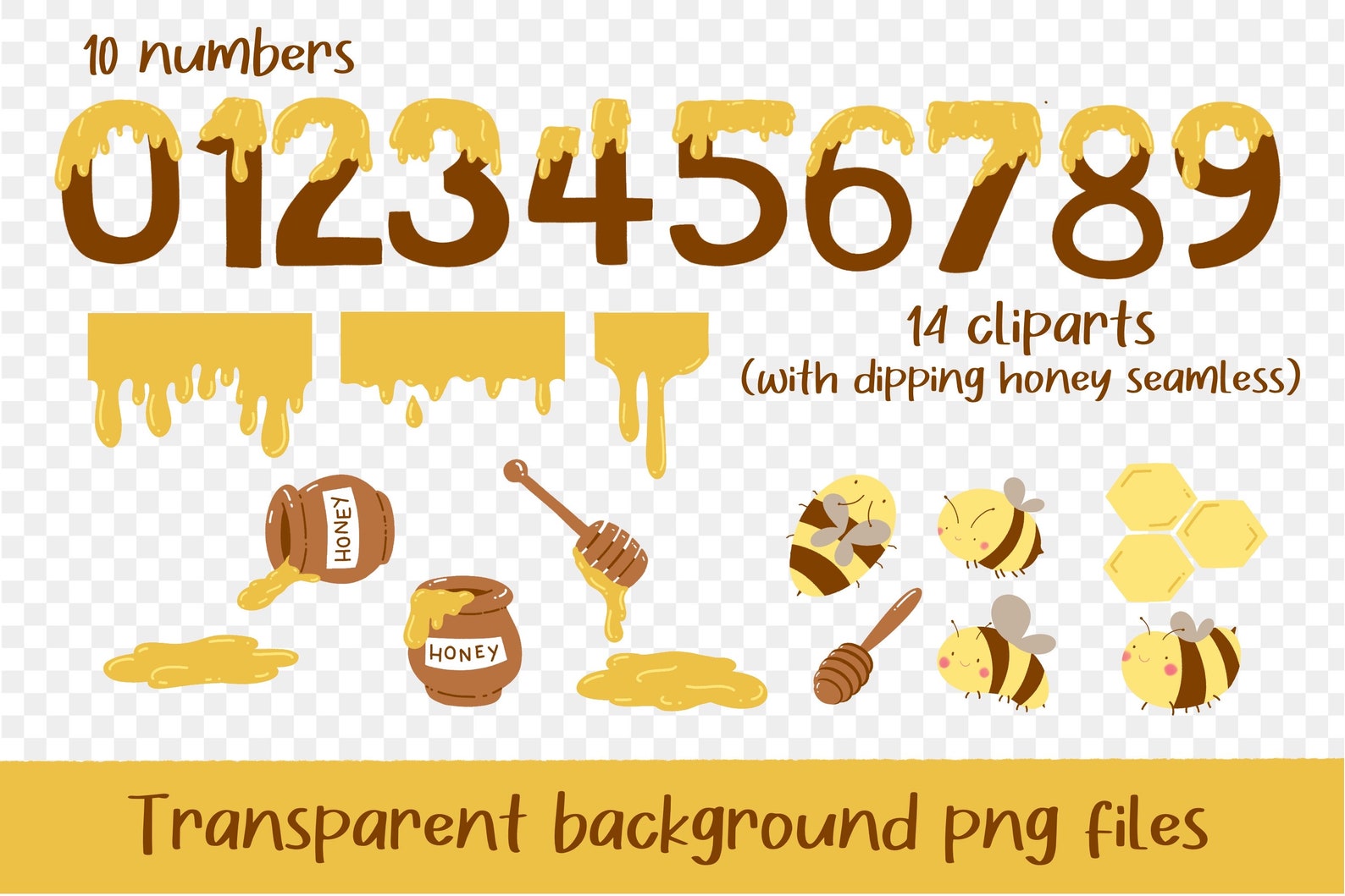 Honey Alphabets Clipart, Honey Numbers PNG, Dripping Honey, Handdrawn ...