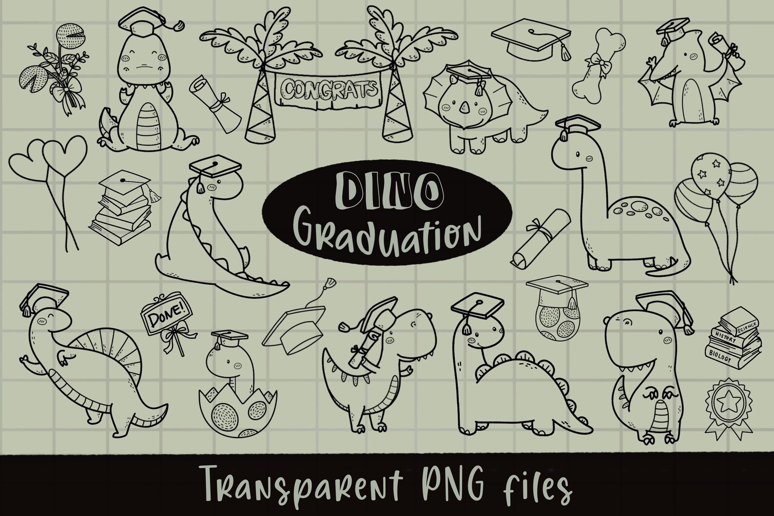 Graduate Dinosaur Clipart, Graduation Clipart, Outline Doodle, PNG ...