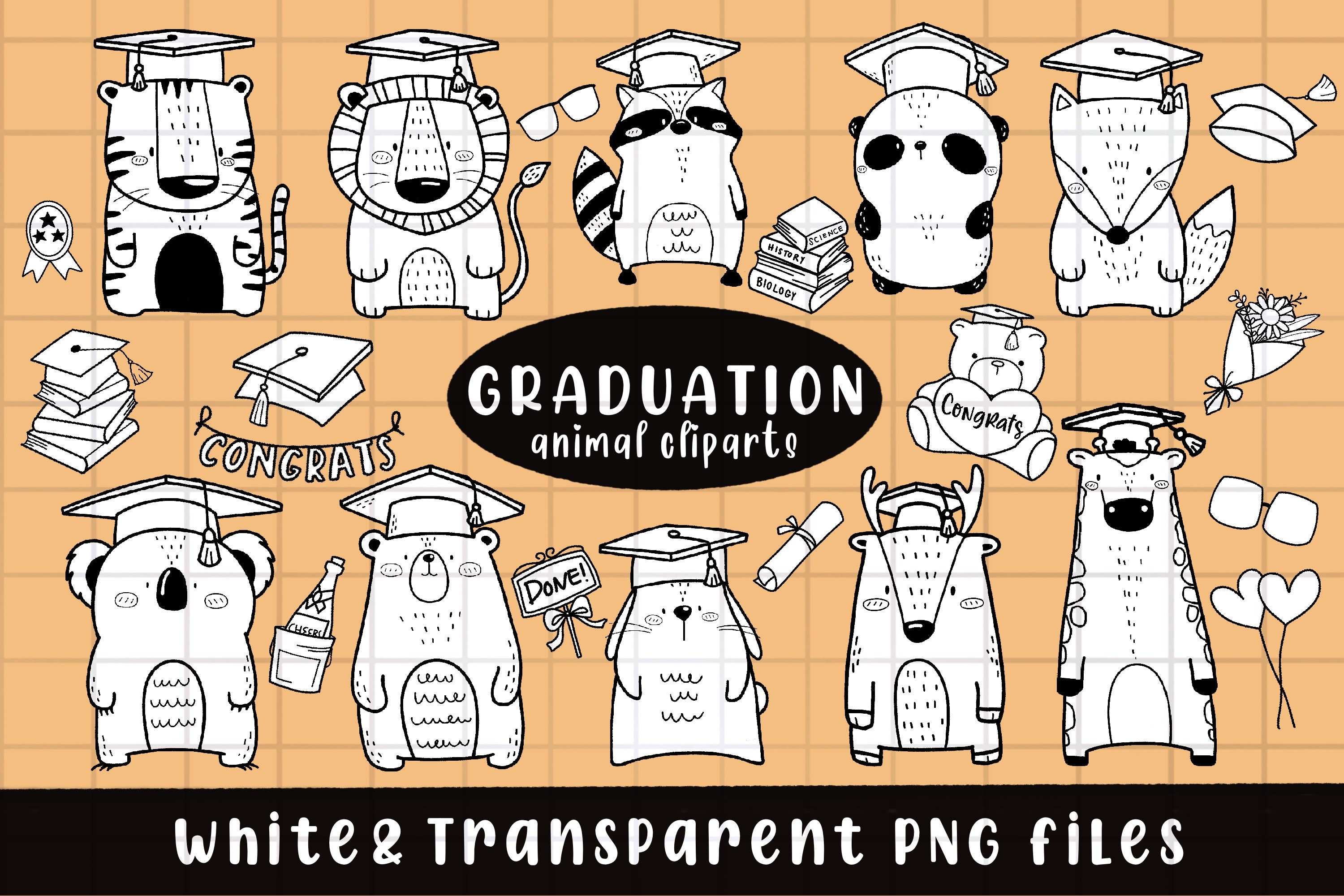Graduate Woodland Animals Clipart, Graduation Clipart, Outline Doodle ...