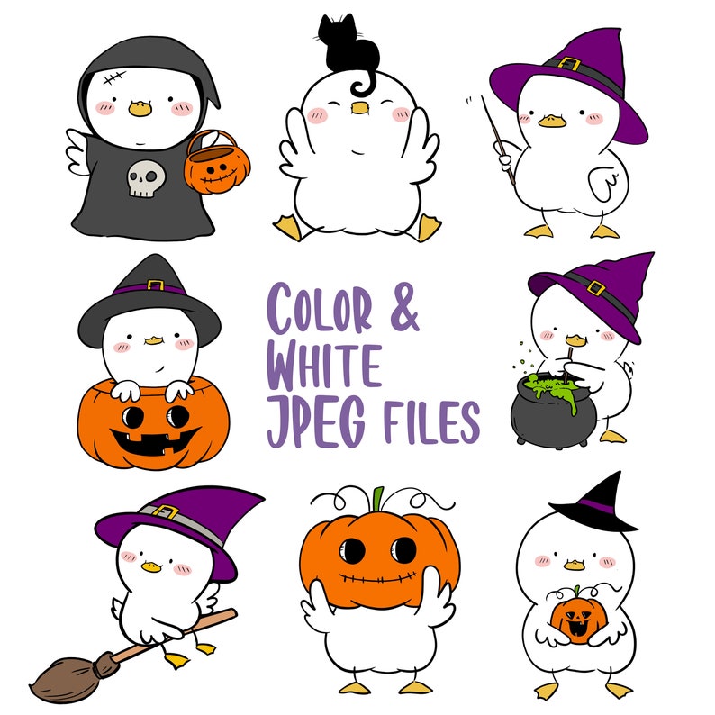 Cute Witch Duck Hand Draw Clipart, Duckling, Halloween Duck Clipart ...