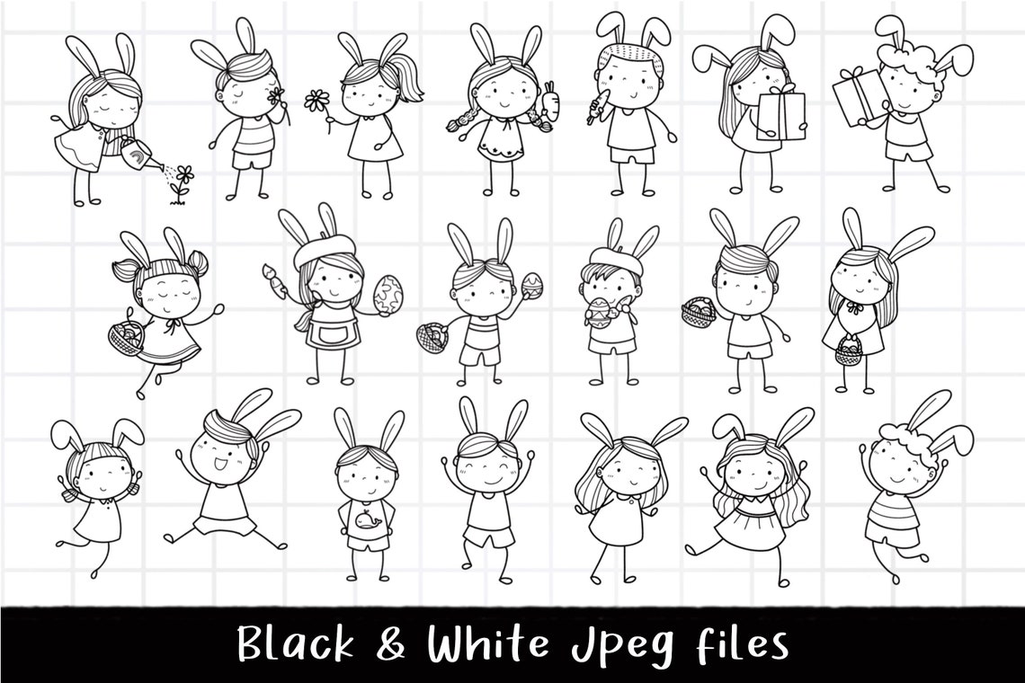 Doodle Rabiit Boys and Girls Clipart,stick Figure Clipart, Outline ...