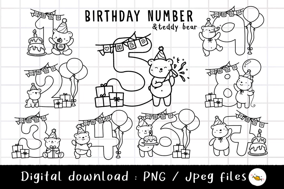 Number Birthday Clipart, Bear Birthday Party, Age Birthday, Outline ...